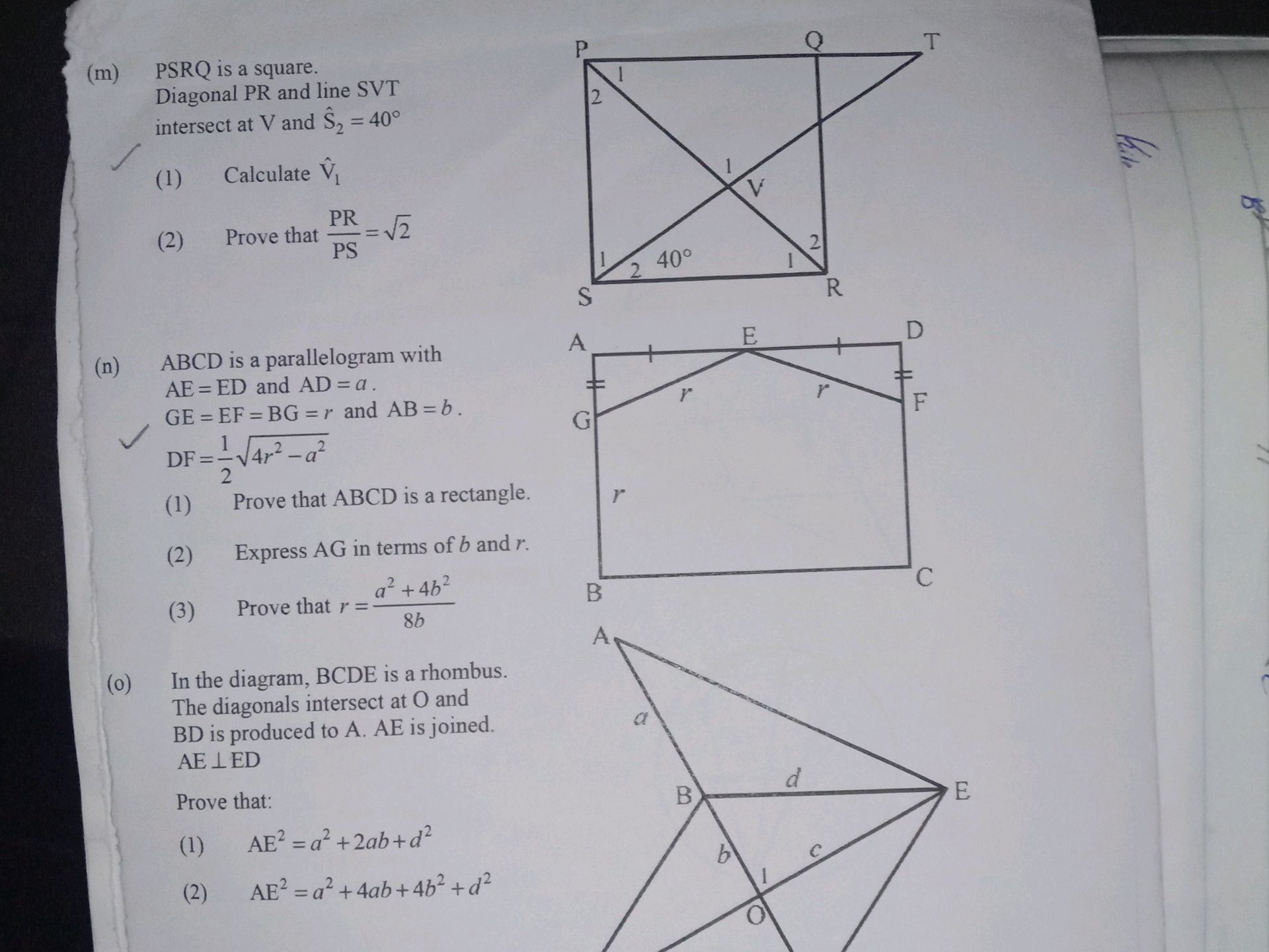 (m) PSRQ is a square. Diagonal PR and line | StudyX