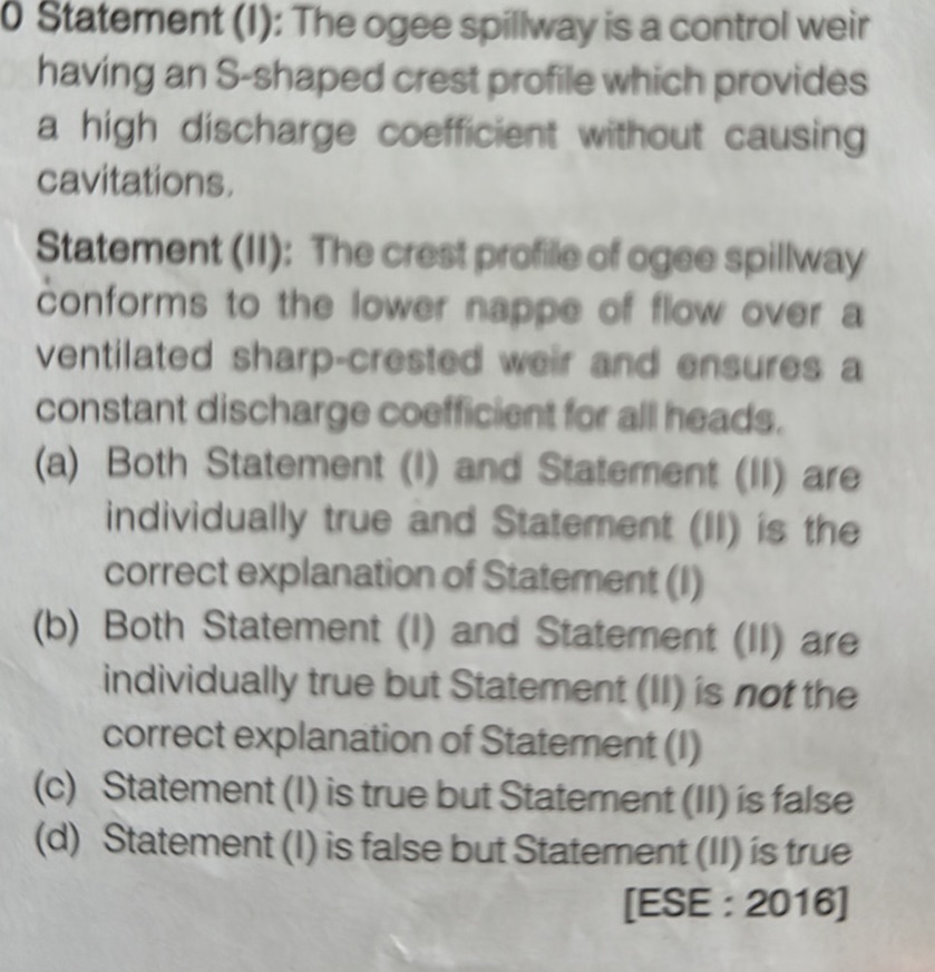 Statement (I): The ogee spillway is a | StudyX