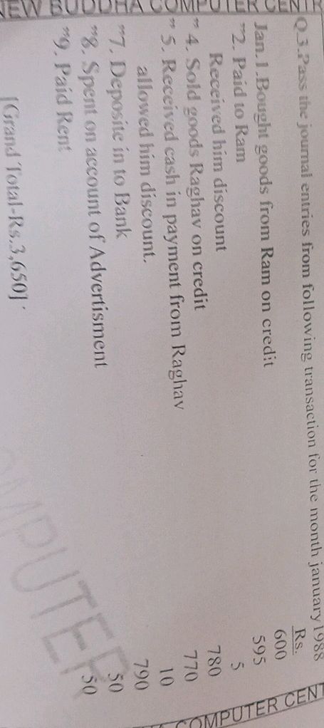 Q.3. Pass the journal entries from following | StudyX