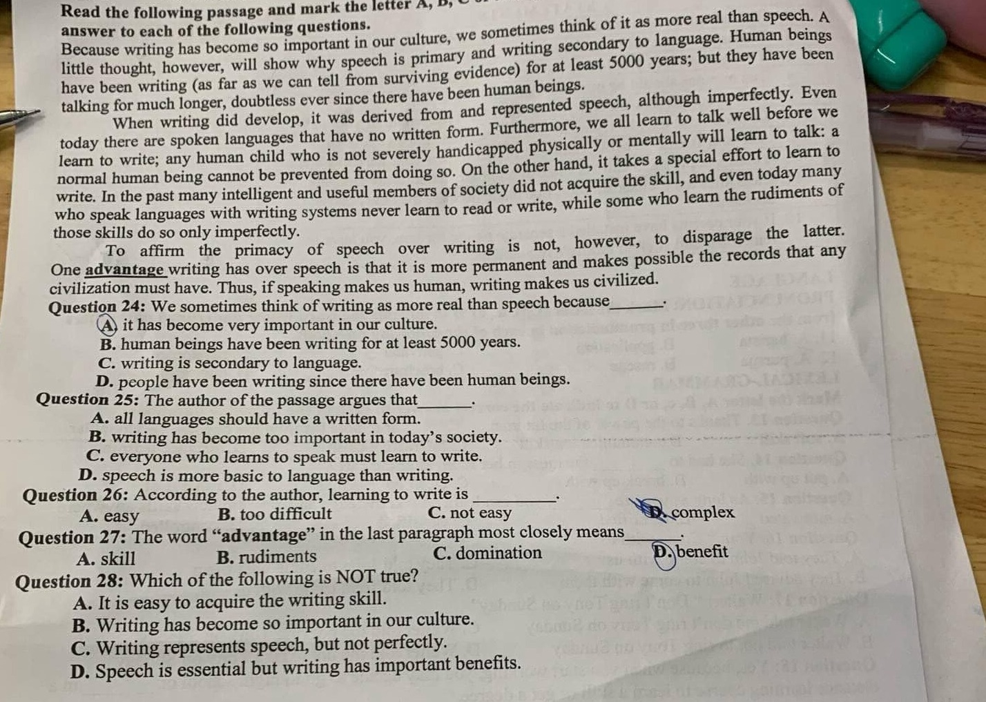 Read the following passage and mark the | StudyX