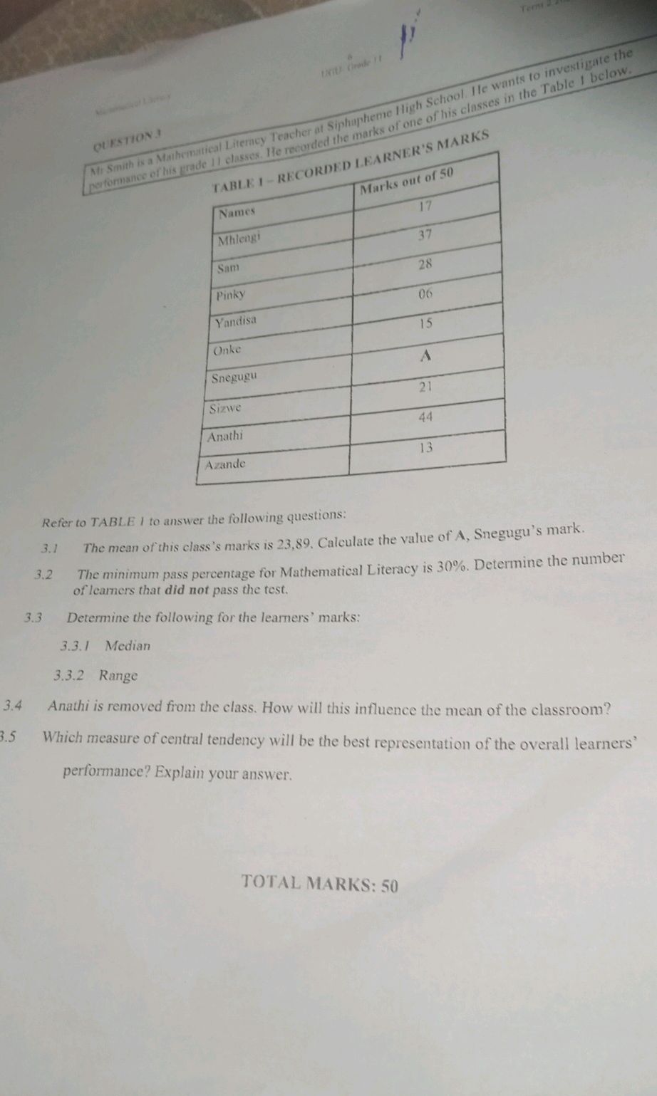 TABLE 1 - RECORDED LEARNER'S MARKS | Names | StudyX