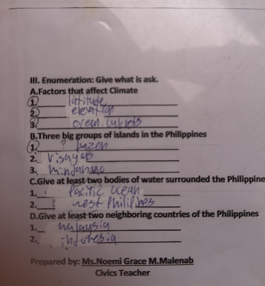 III. Enumeration: Give what is ask. A. | StudyX