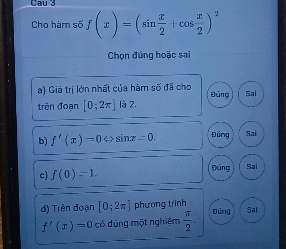 Cho hàm số $f(x) = (sin {x}{2} + cos | StudyX