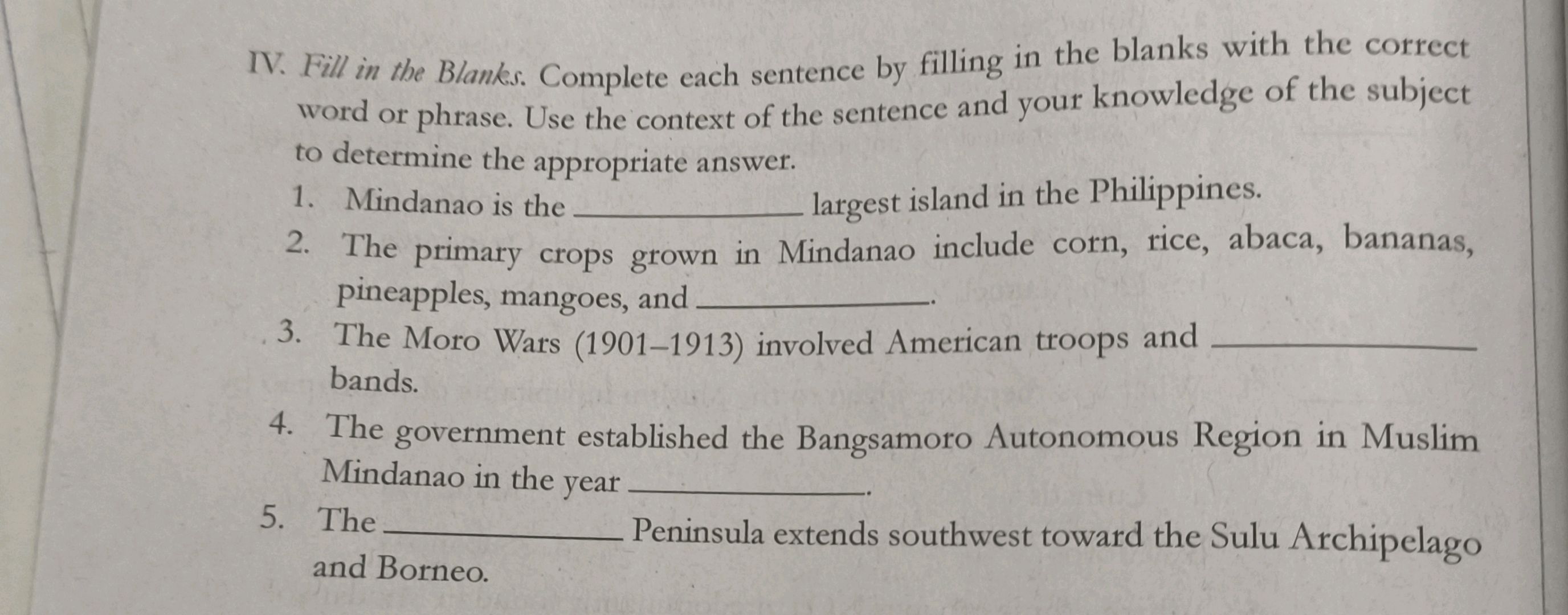 IV. Fill in the Blanks. Complete each | StudyX