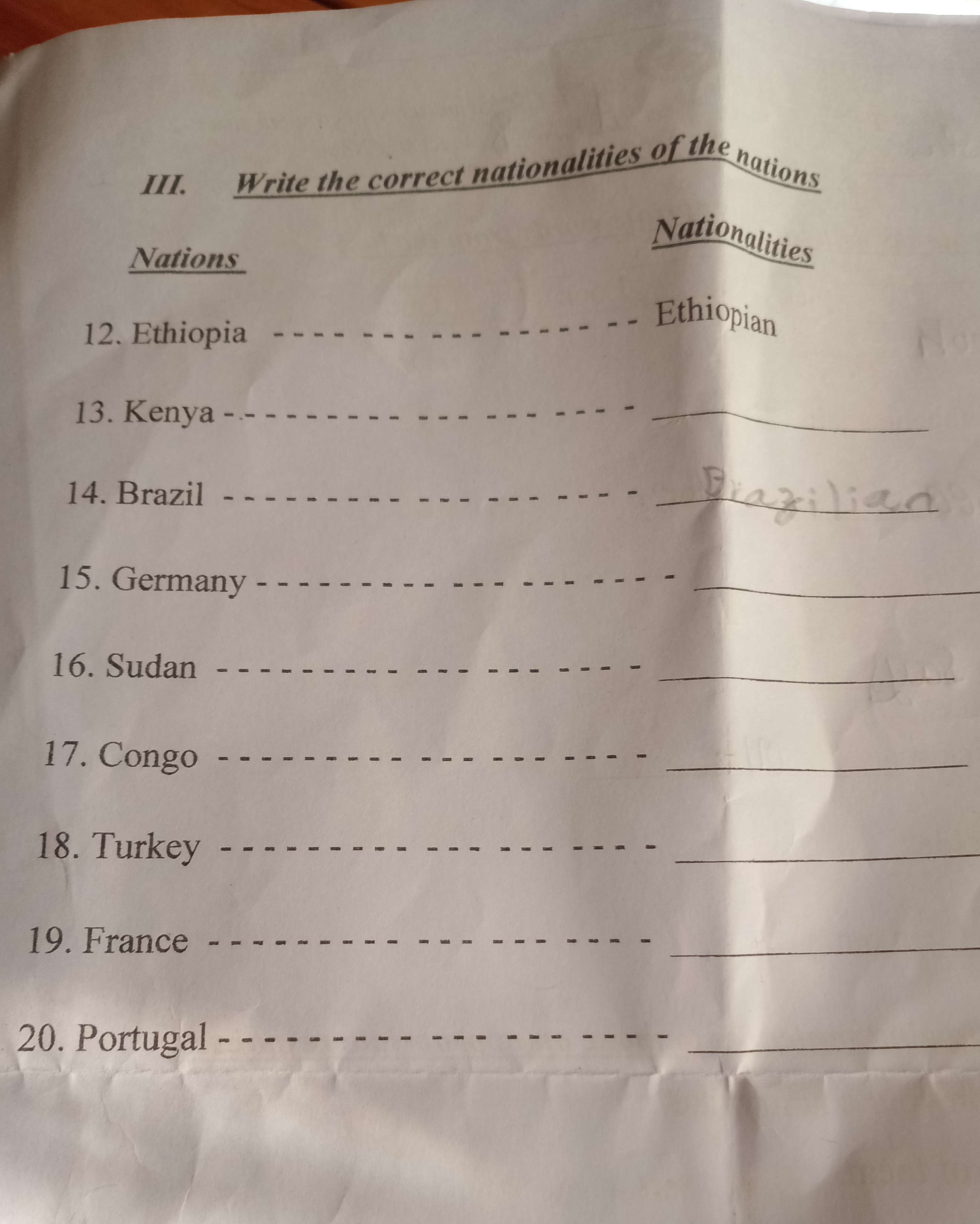 III. Write the correct nationalities of the | StudyX