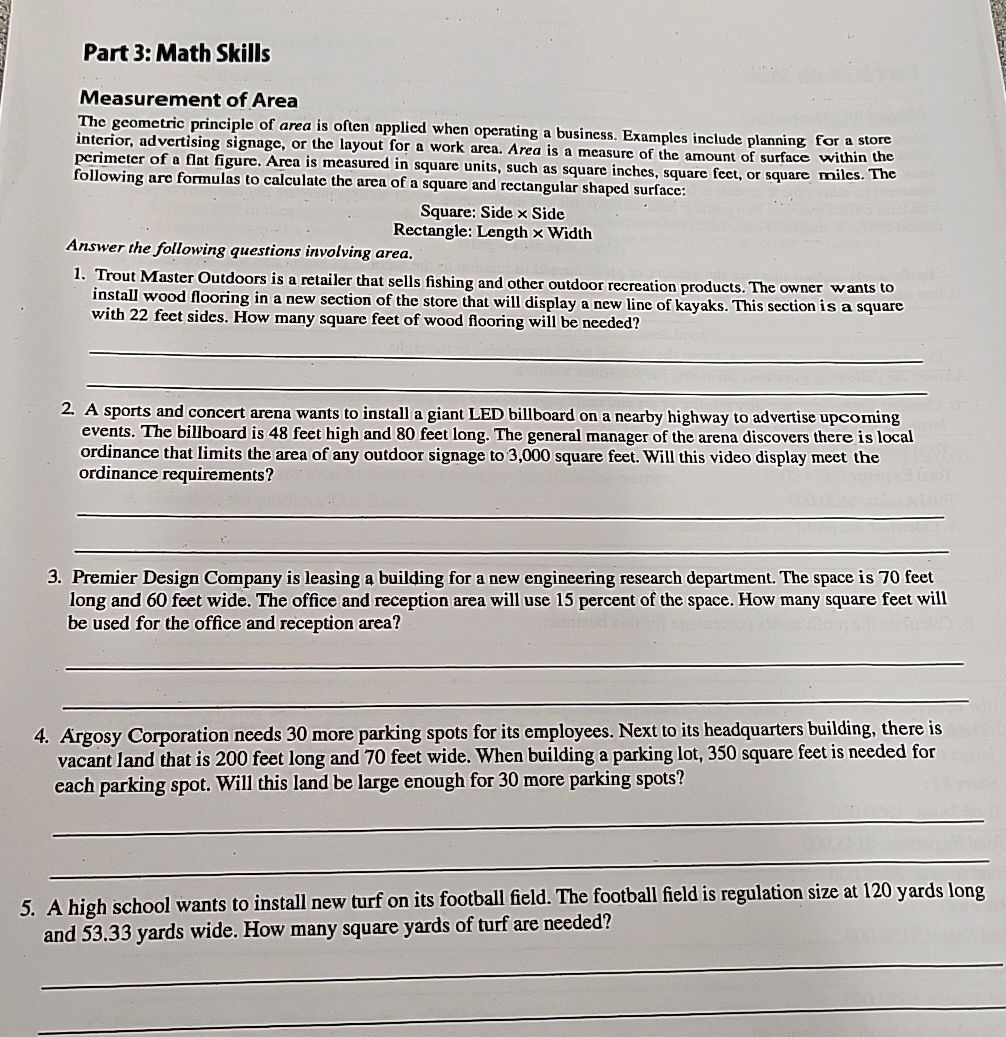 Part 3: Math Skills Measurement of Area | StudyX