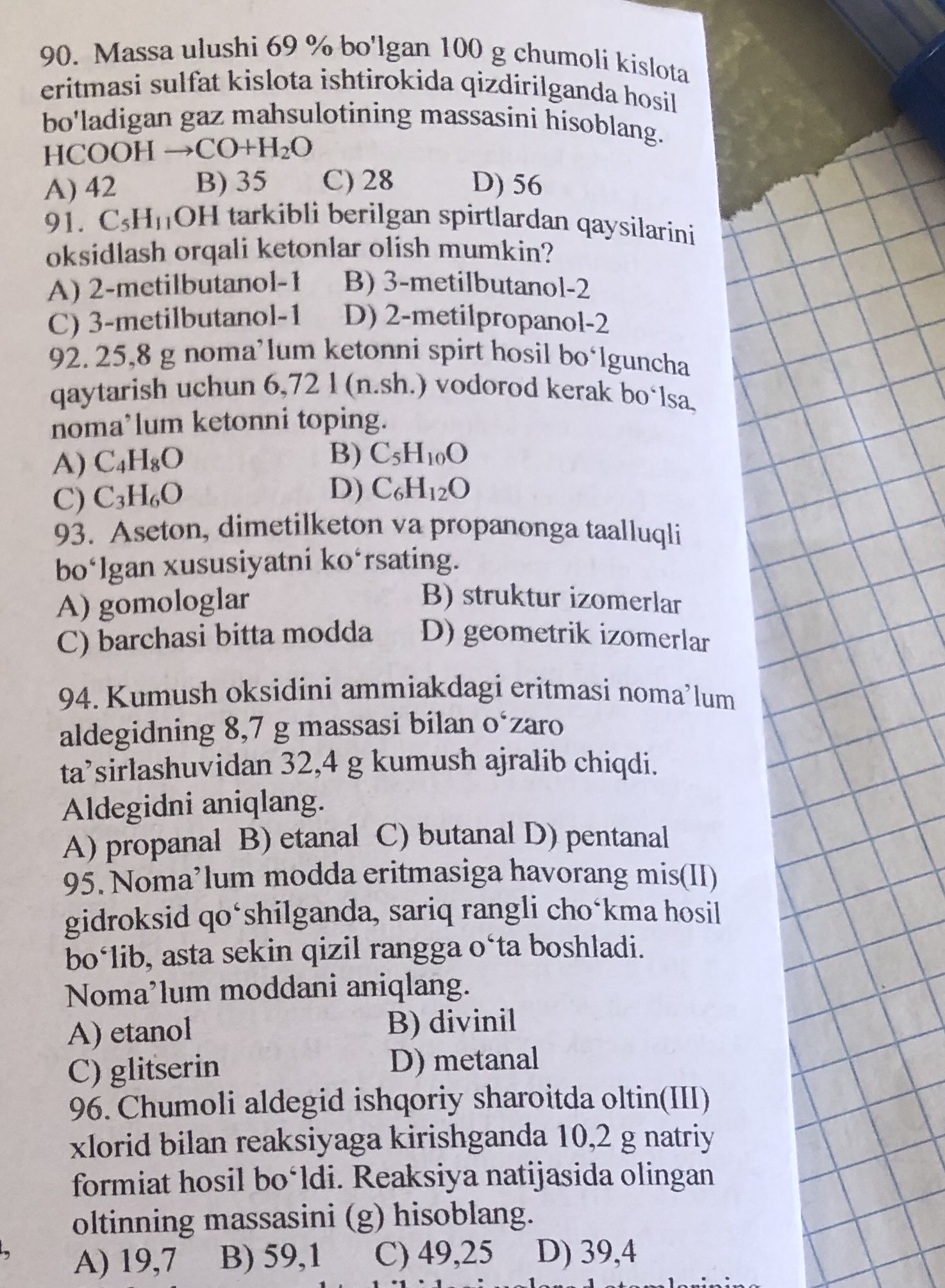 90. Massa ulushi 69% bo'lgan 100 g chumoli | StudyX