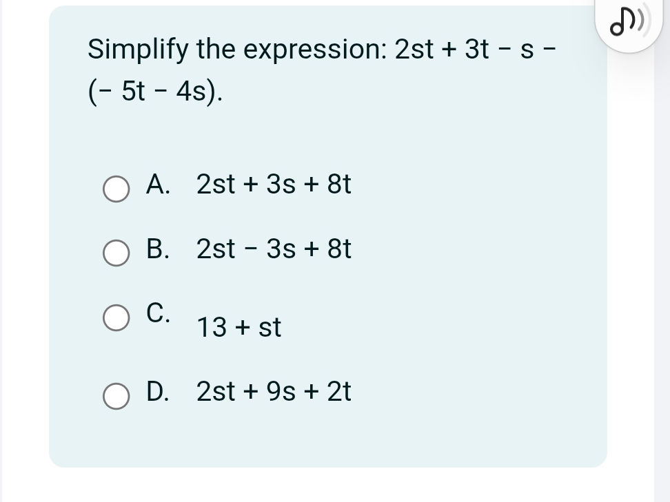 Simplify the expression: 2st + 3t - s - (- | StudyX