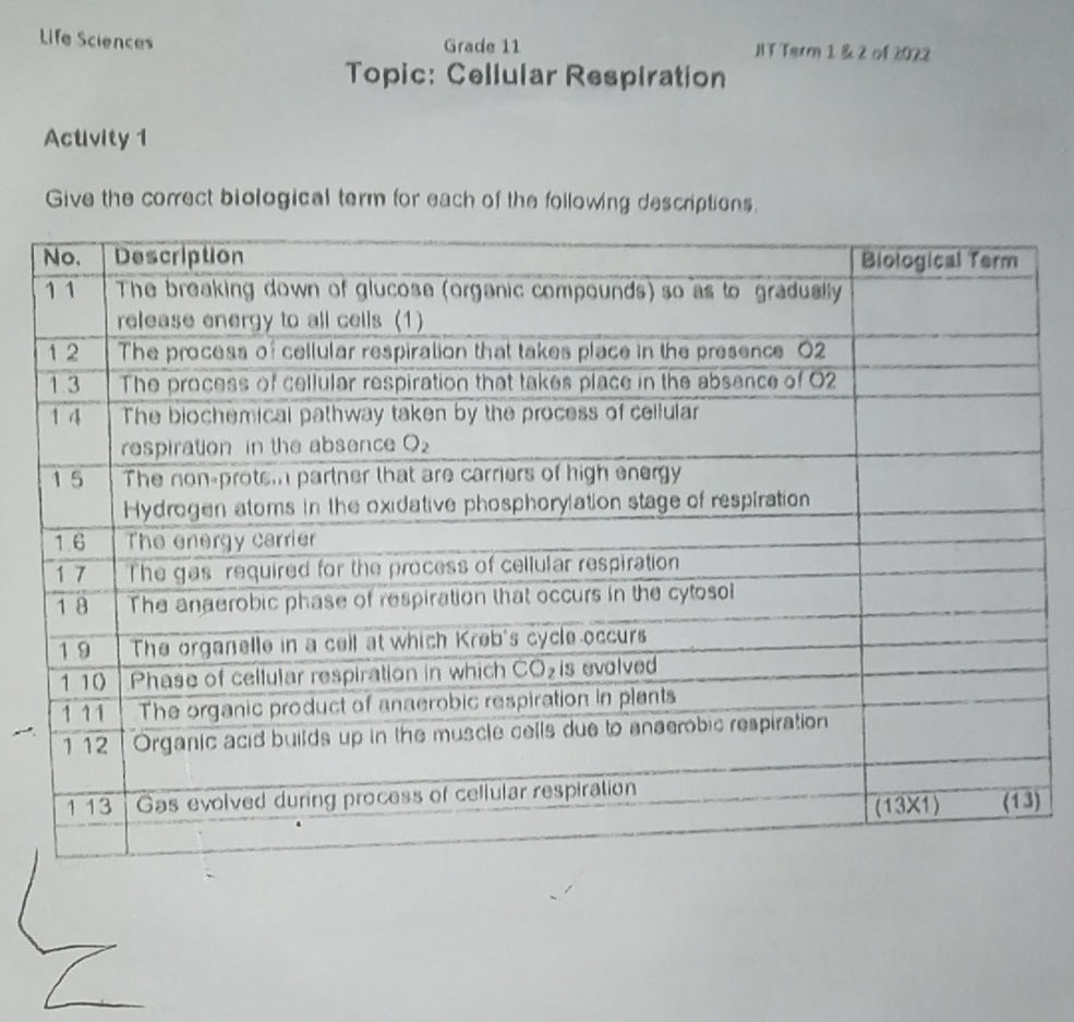 Ufe Sciences Grade 11 Topic: Cellular | StudyX