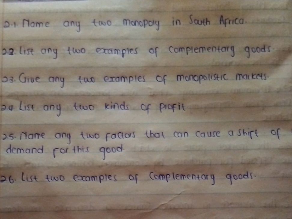 2.1. Name any two monopoly in South Africa. | StudyX