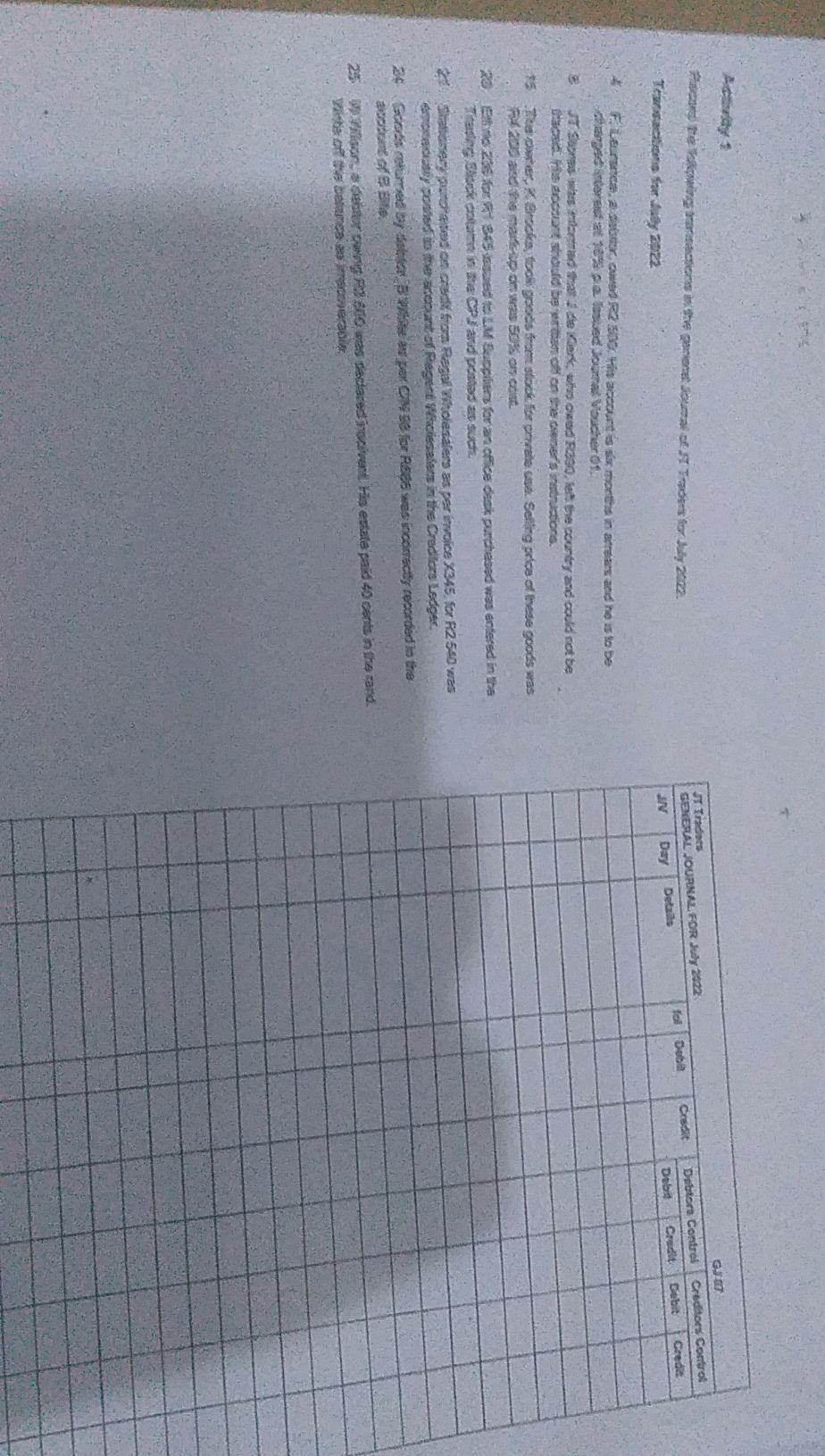 Activity 1 Place the following transactions | StudyX