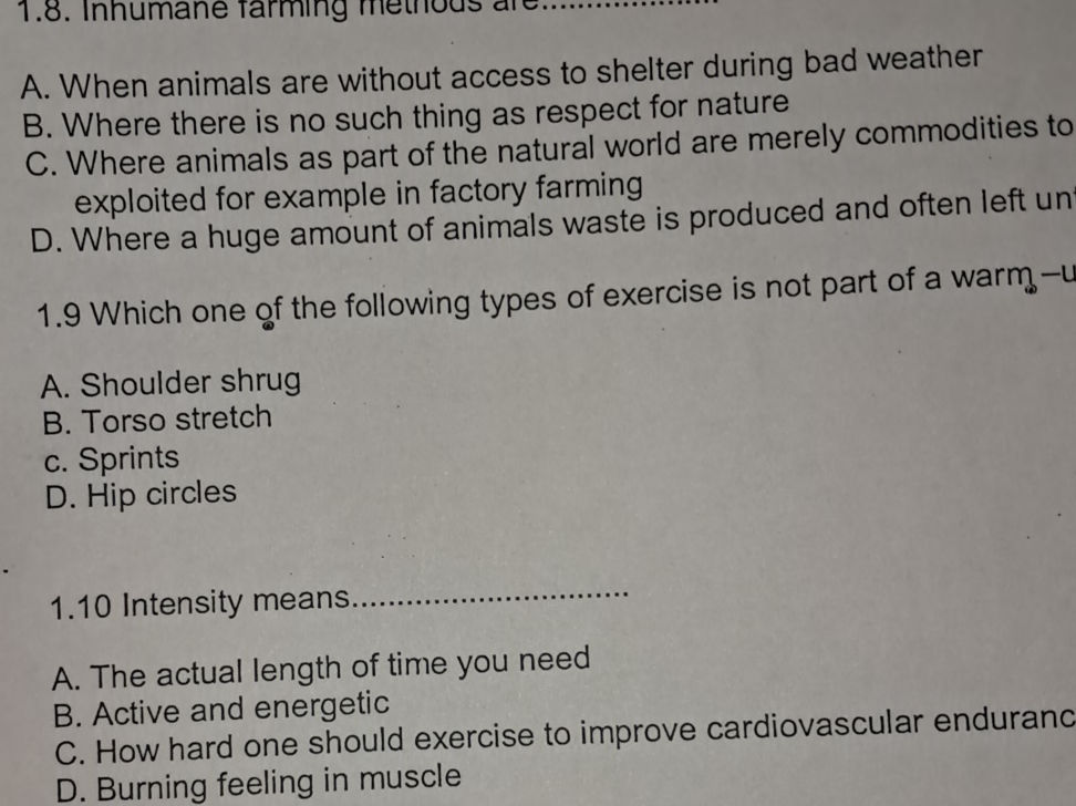 1.8. Inhumane farming methods are... A. | StudyX