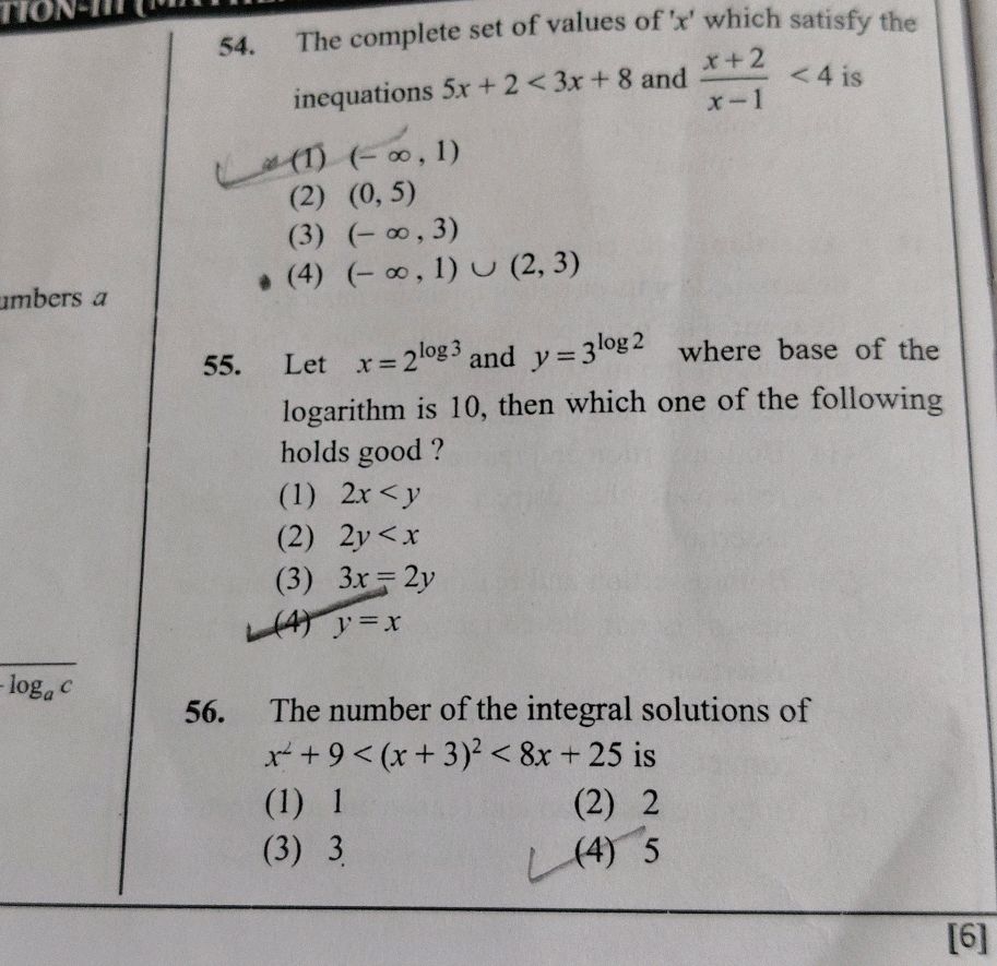 54. The complete set of values of 'x' which | StudyX