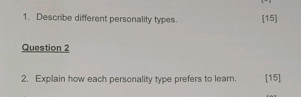 1. Describe different personality types. 2. | StudyX