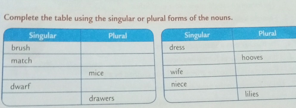 Complete the table using the singular or | StudyX