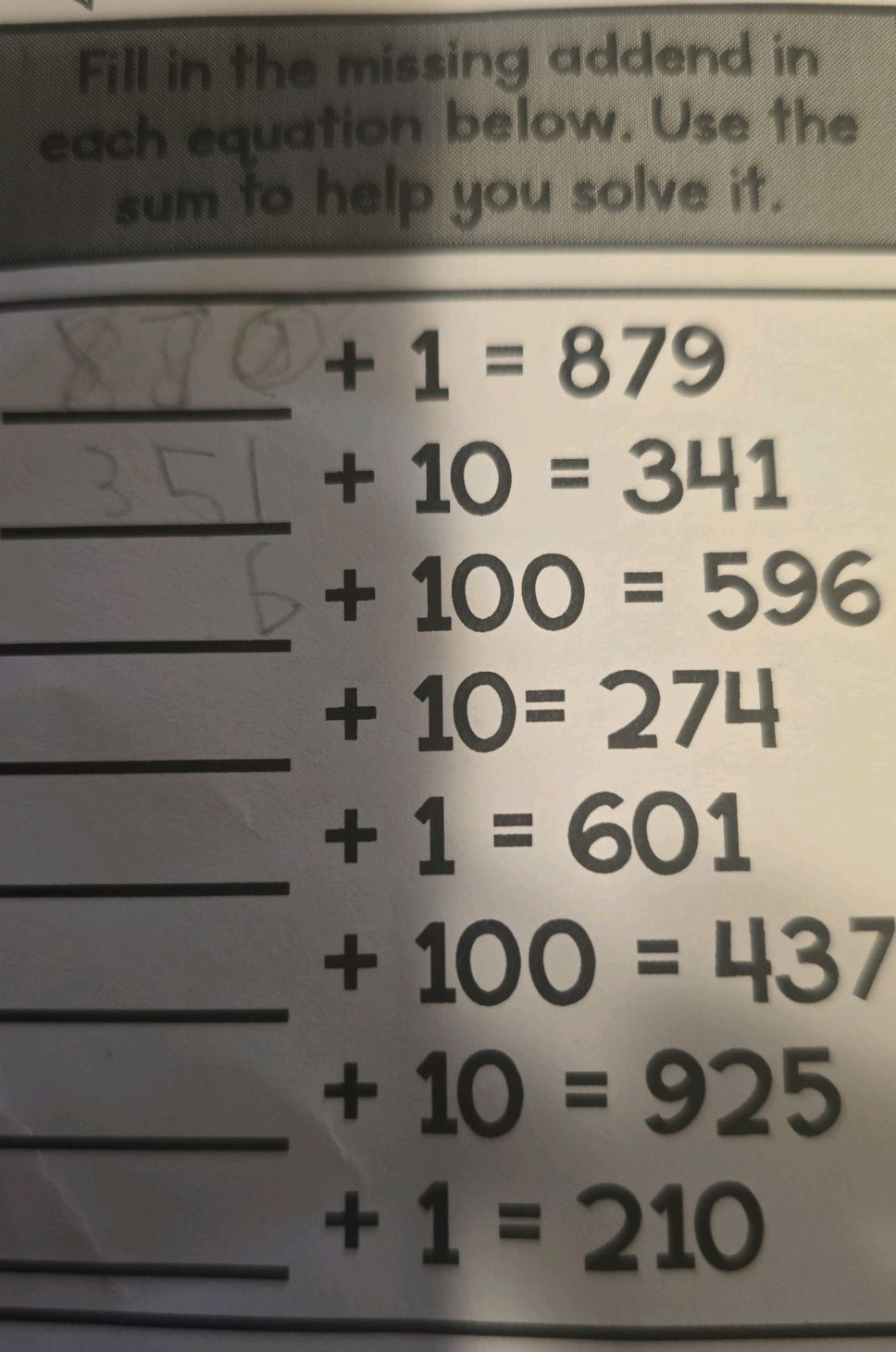 Fill in the missing addend in each equation | StudyX