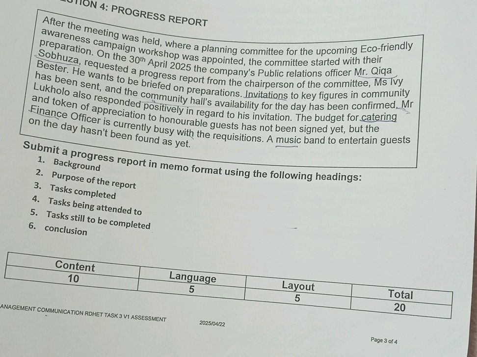 Submit a progress report in memo format | StudyX