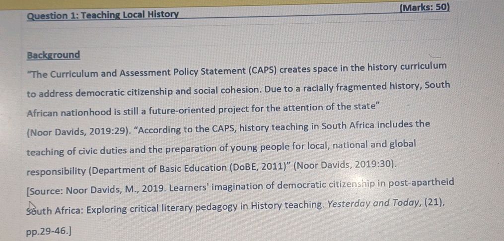 Question 1: Teaching Local History | StudyX