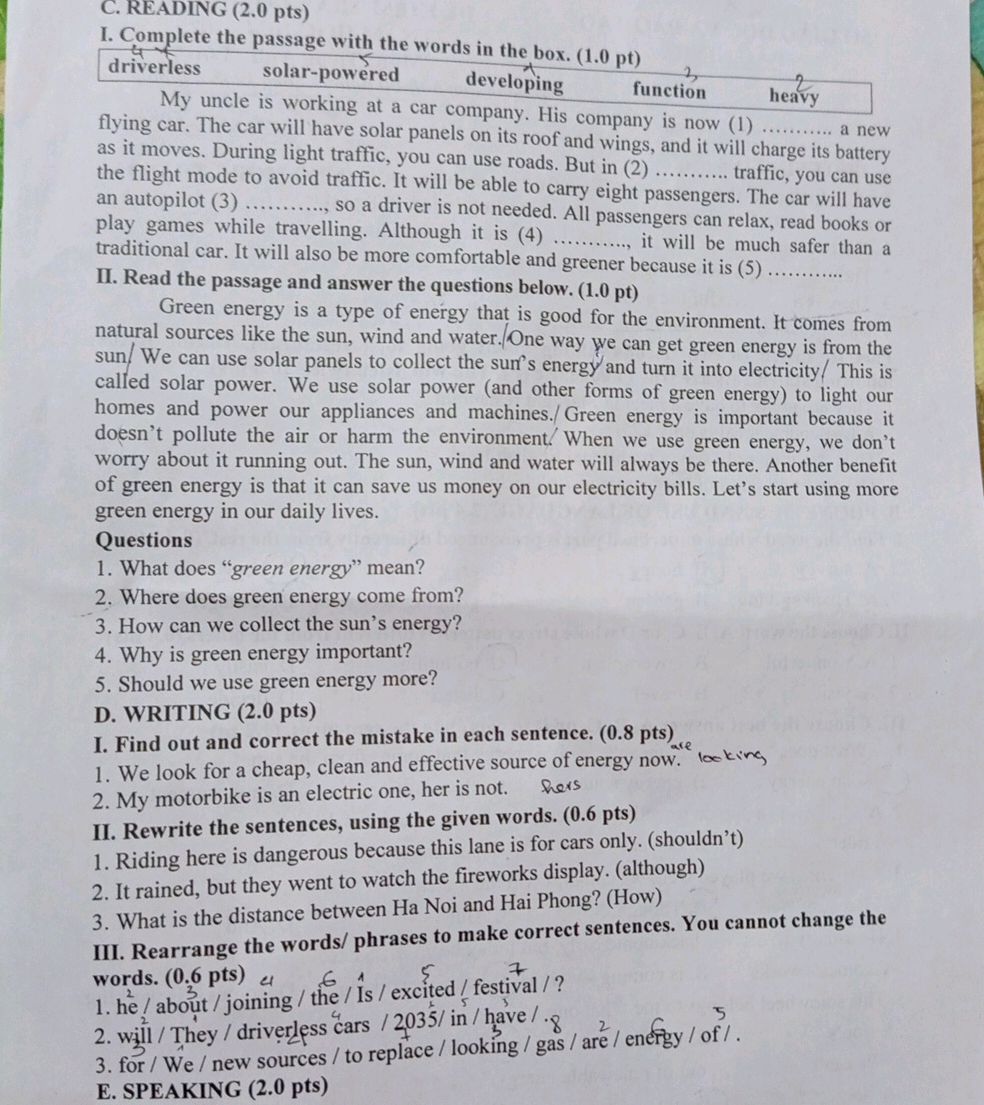 C. READING (2.0 pts) I. Complete the passage | StudyX