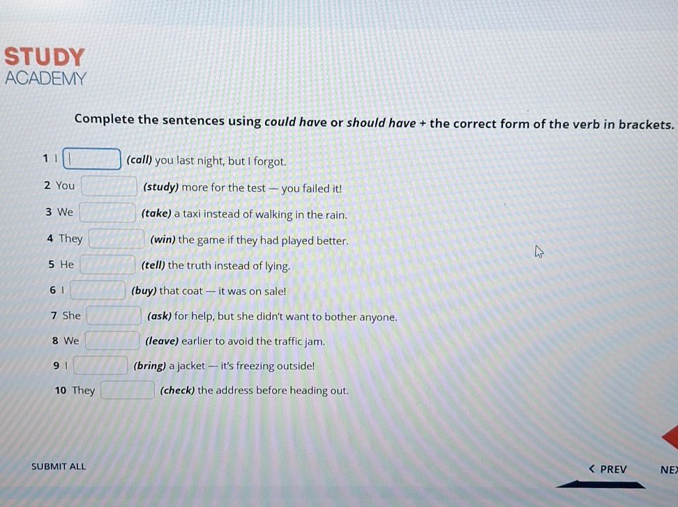 Complete the sentences using could have or | StudyX