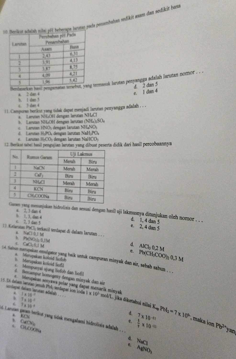 10. Berikut adalah nilai pH beberapa larutan | StudyX