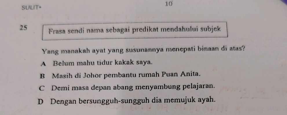 Frasa sendi nama sebagai predikat mendahului | StudyX