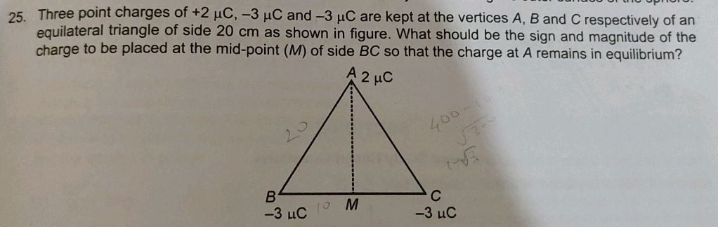 Three point charges of +2 μC, -3 μC and -3
