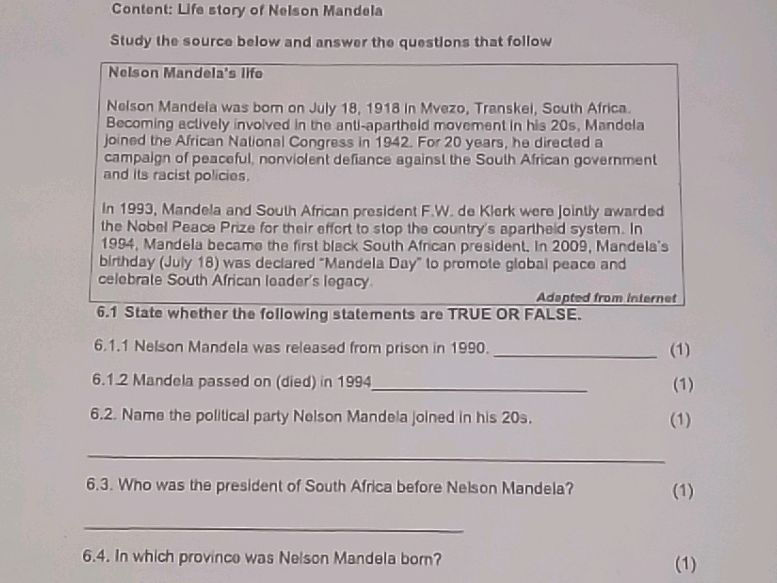 Content: Life story of Nelson Mandela Study | StudyX
