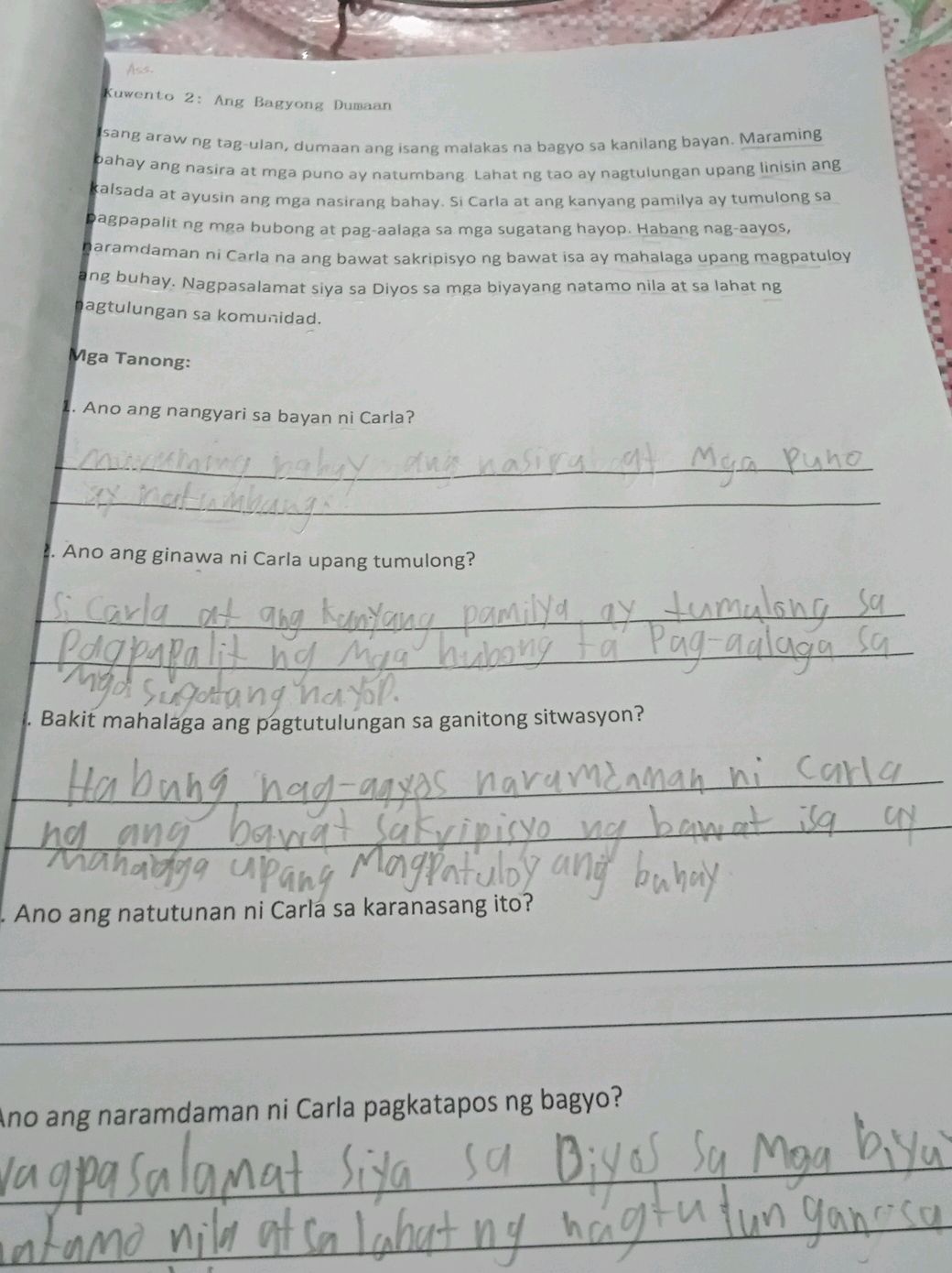 1. Ano ang nangyari sa bayan ni Carla? | StudyX