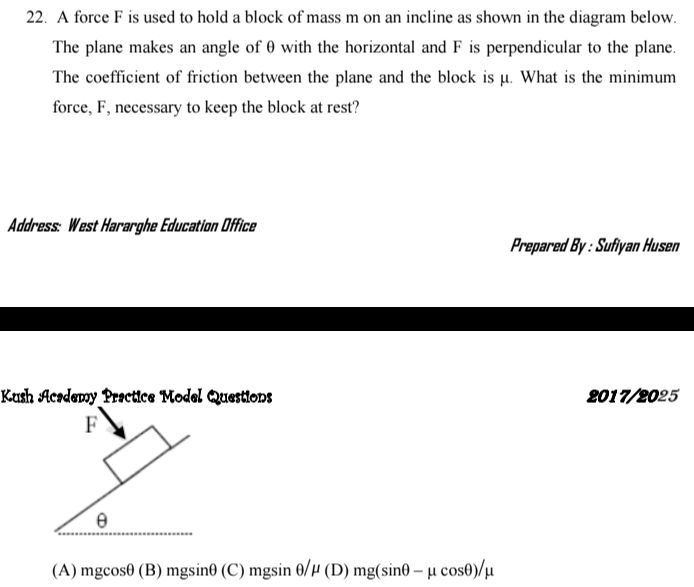 A force F is used to hold a block of mass m