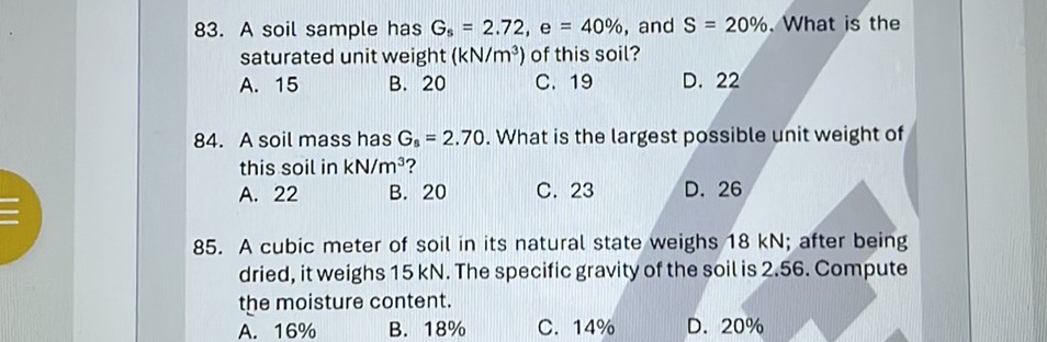 83. A soil sample has Gs = 2.72, e = 40%, | StudyX