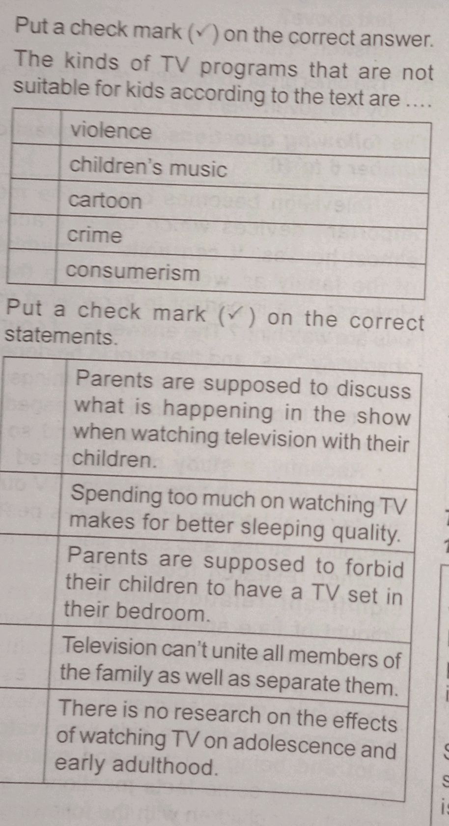 Put a check mark ( ) on the correct answer. | StudyX