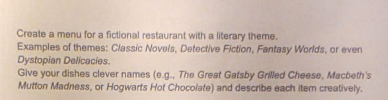 Create a menu for a fictional restaurant | StudyX