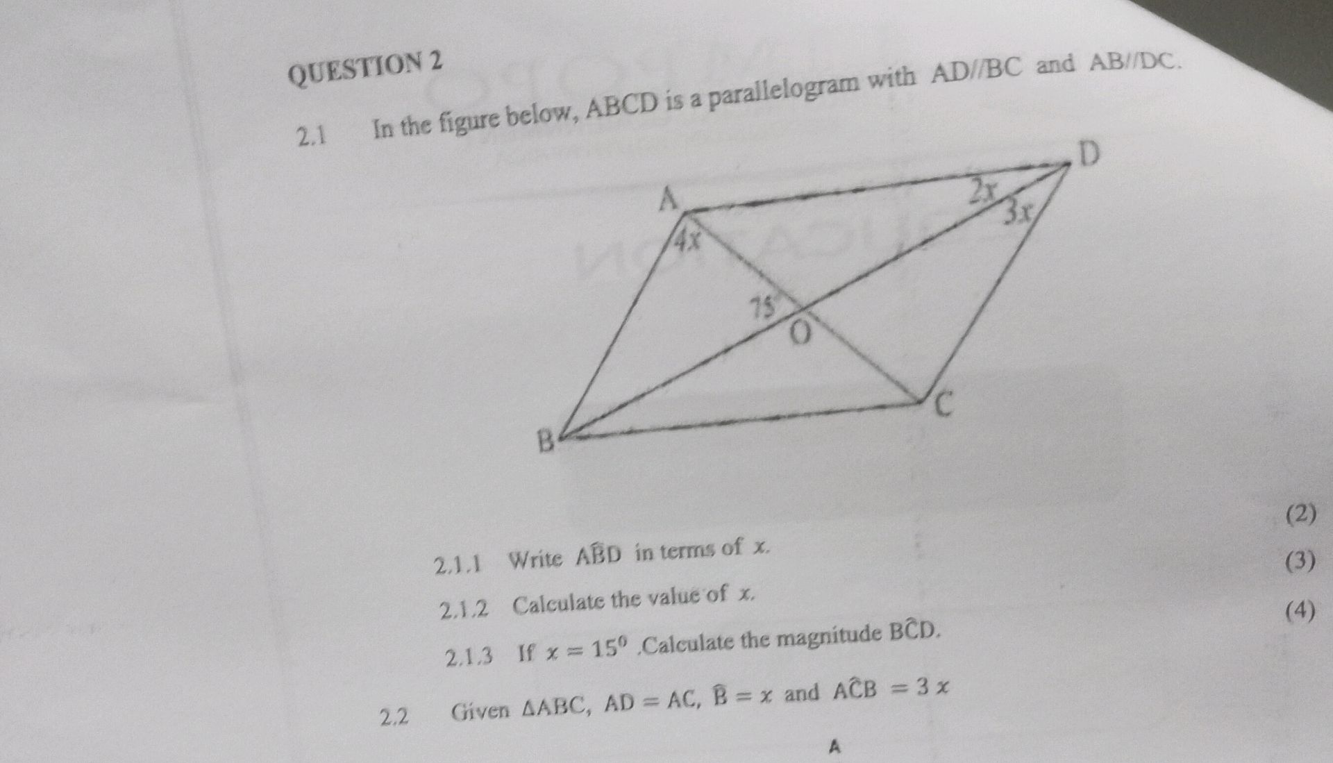 QUESTION 2 2.1 In the figure below, ABCD is | StudyX