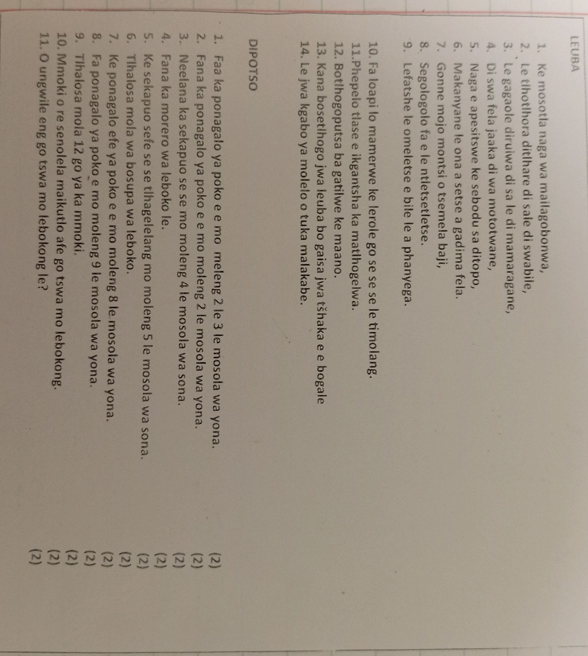 1. Faa ka ponagalo ya poko e e mo meleng 2 | StudyX