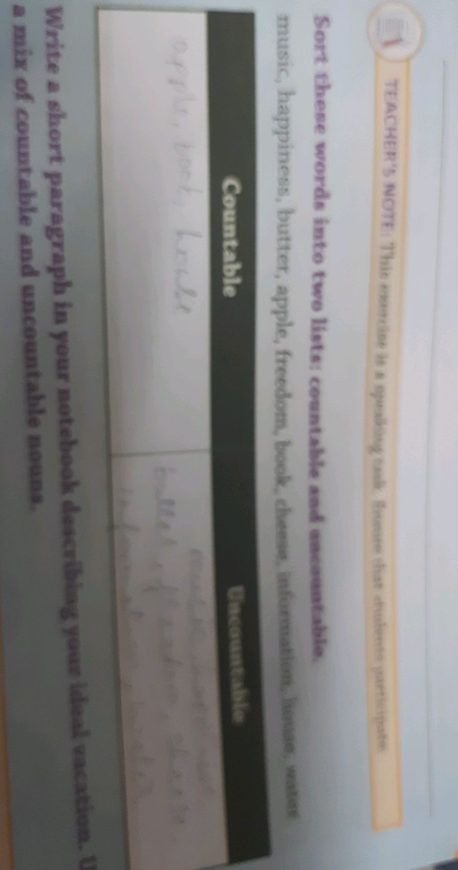 Sort these words into two lists: countable | StudyX