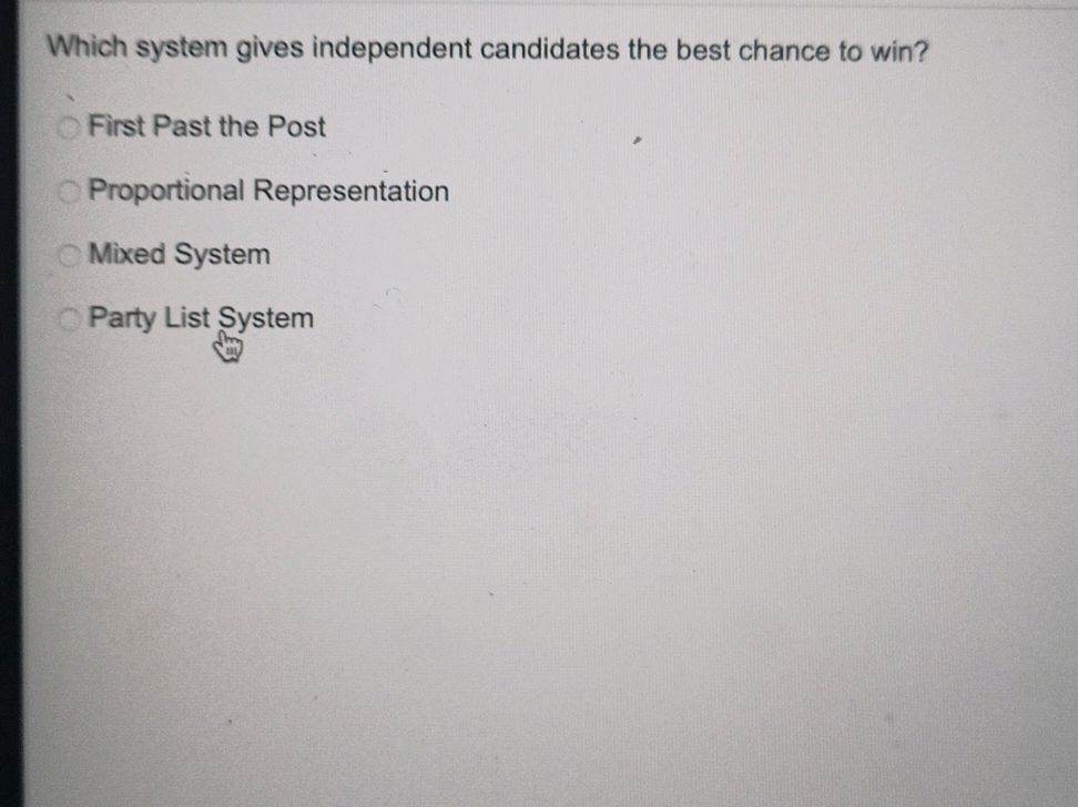 Which system gives independent candidates | StudyX