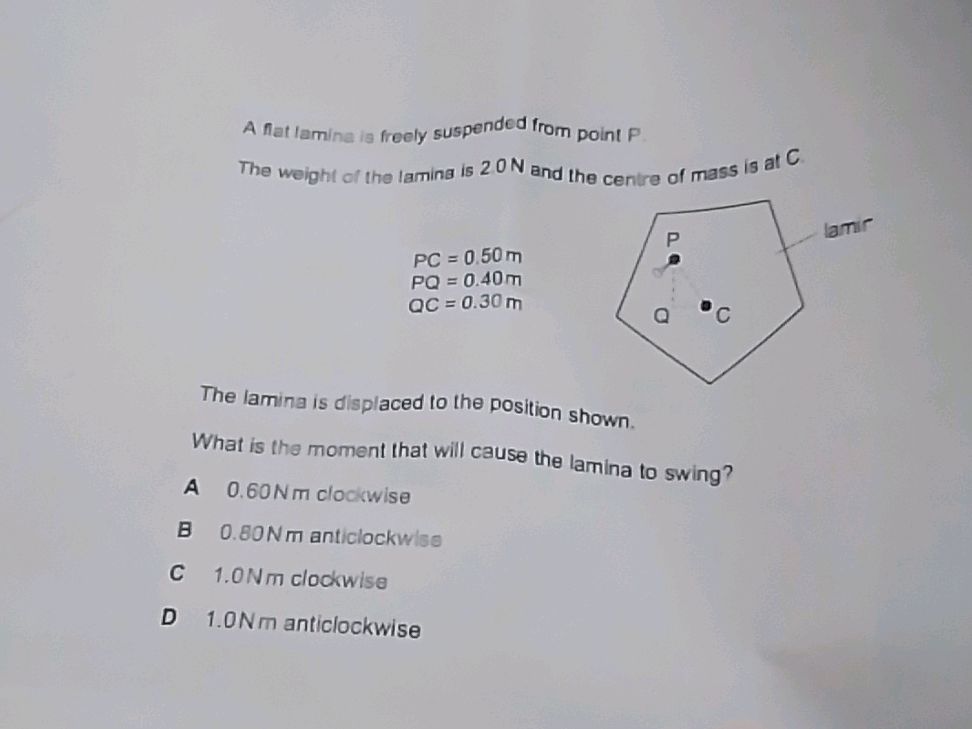 A flat lamina is freely suspended from point | StudyX