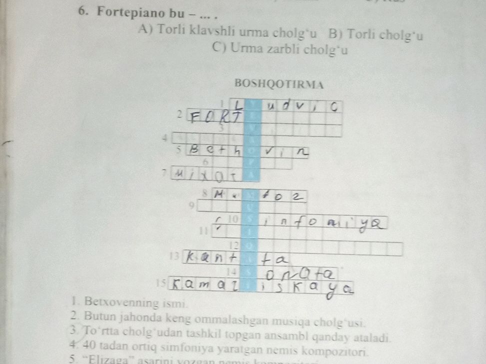 6. Fortepiano bu - ... A) Torli klavshli | StudyX