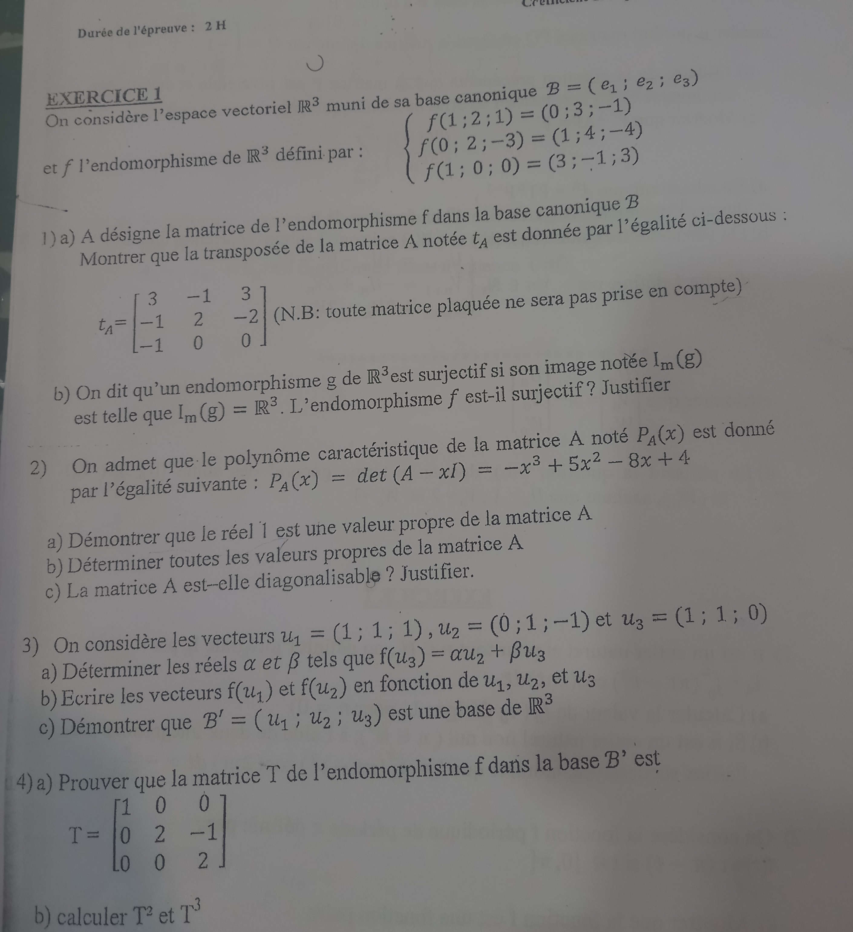 EXERCICE 1 On considère l'espace vectoriel $ | StudyX