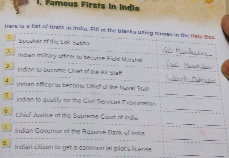 Here is a list of firsts in India. Fill in | StudyX