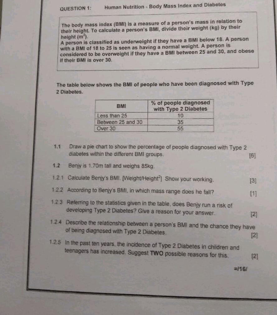QUESTION 1: Human Nutrition - Body Mass | StudyX