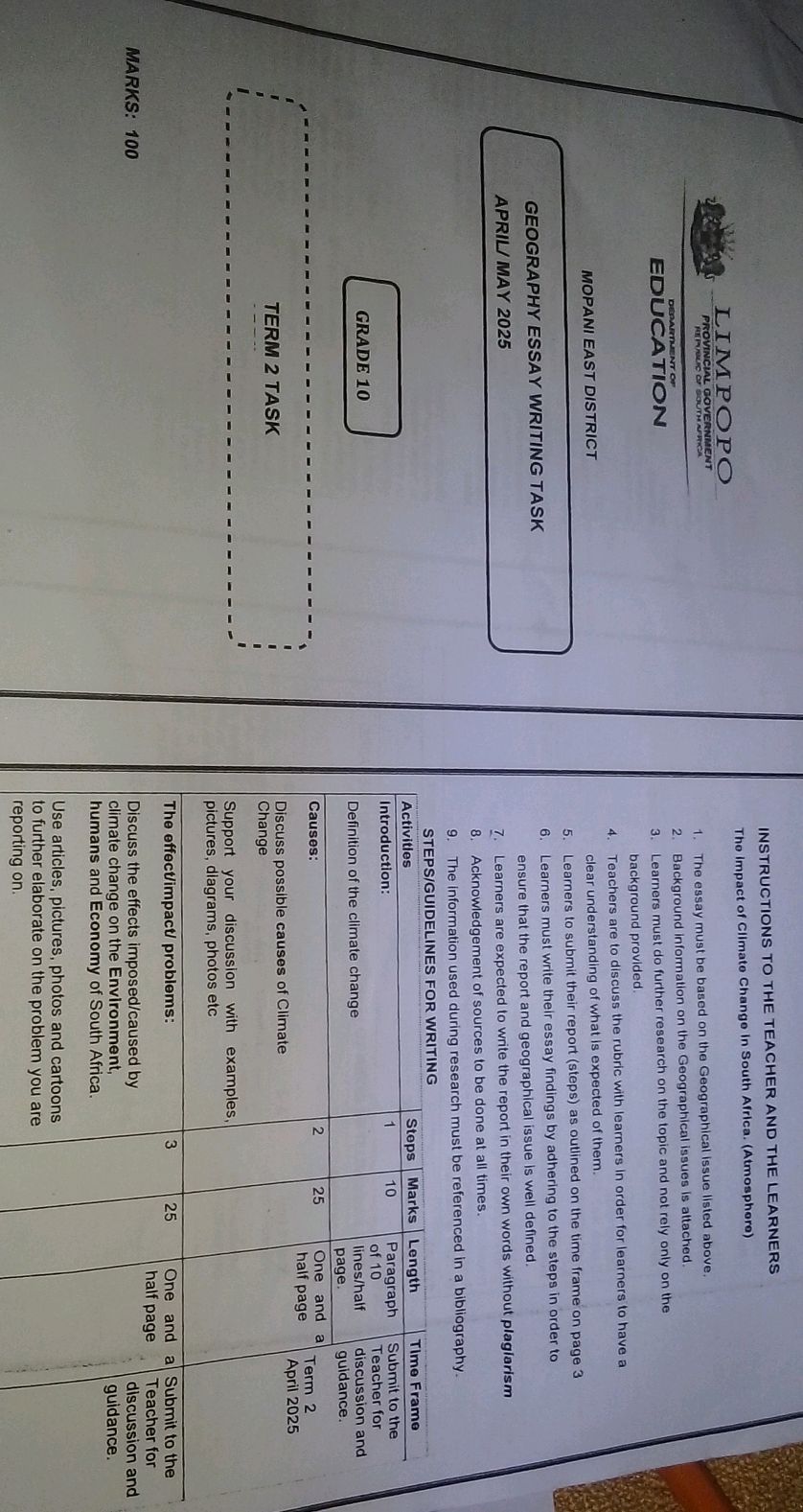 GEOGRAPHY ESSAY WRITING TASK APRIL/MAY 2025