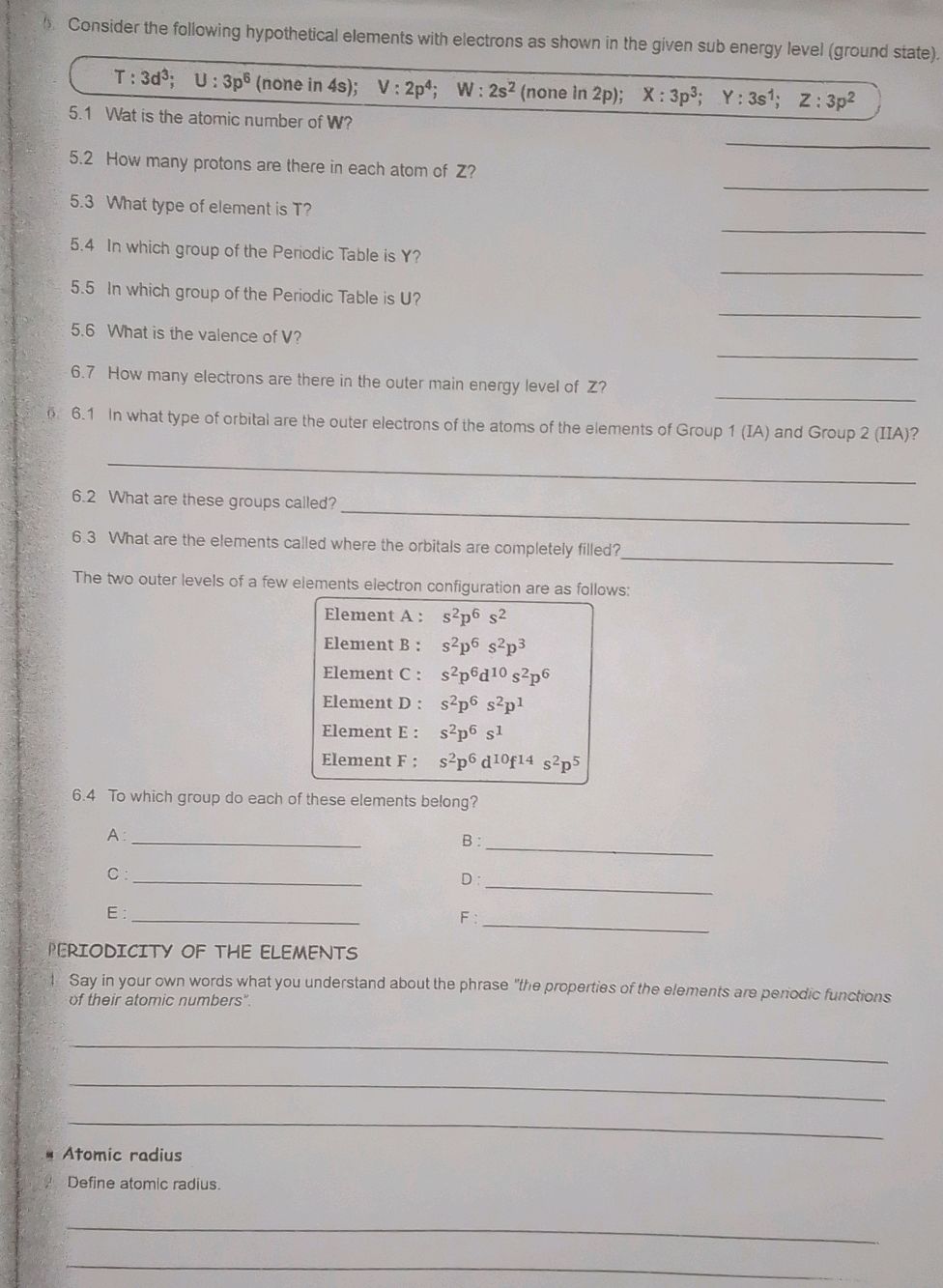 Consider the following hypothetical elements | StudyX