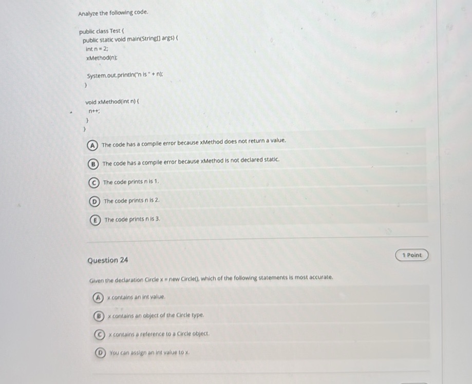 Analyze the following code. ```java public | StudyX