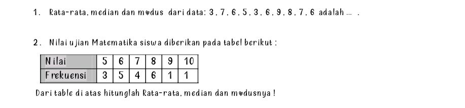 1. Rata-rata, median dan modus dari data: 3, | StudyX