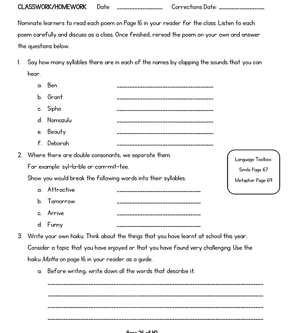 1. Say how many syllables there are in each | StudyX