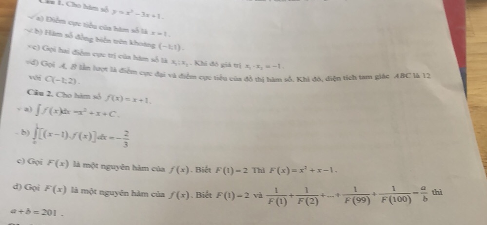 Câu 1. Cho hàm số y = x^3 - 3x + 1. a) Điểm | StudyX