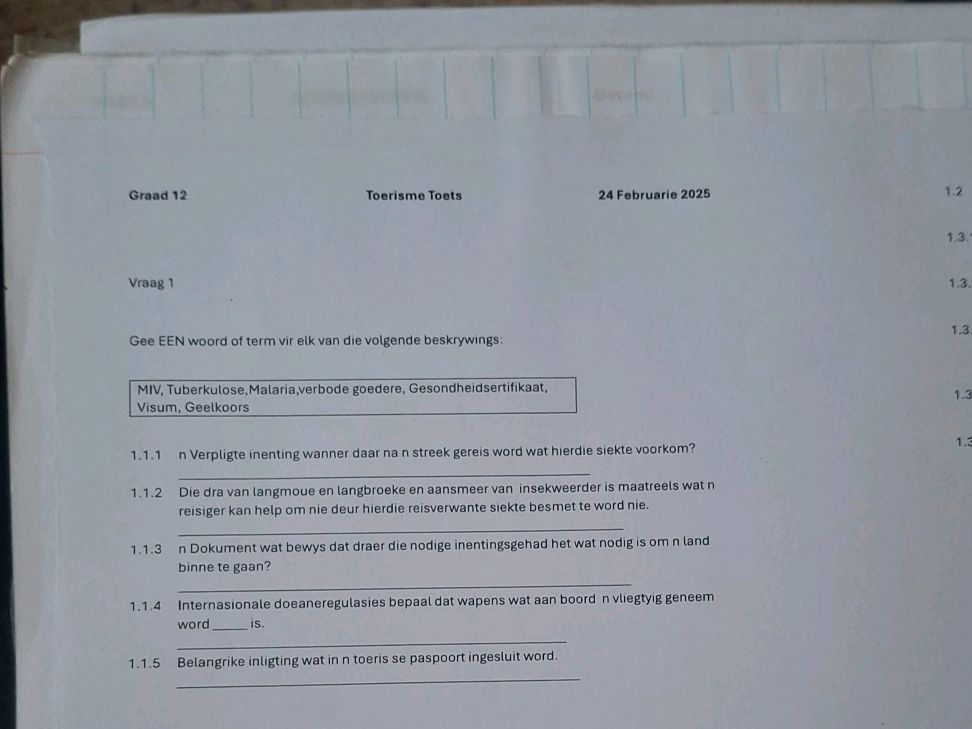 Vraag 1 Gee EEN woord of term vir elk van | StudyX