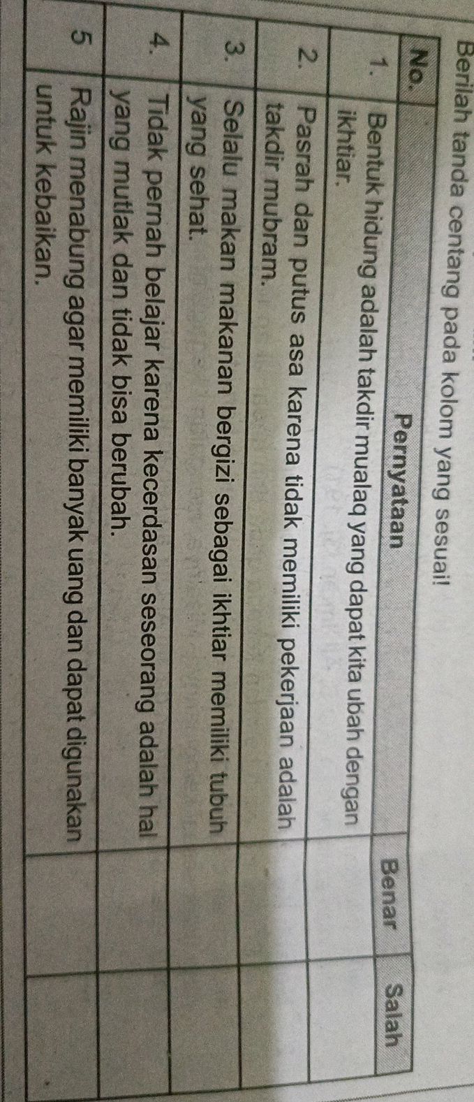 Berilah tanda centang pada kolom yang sesuai! | StudyX